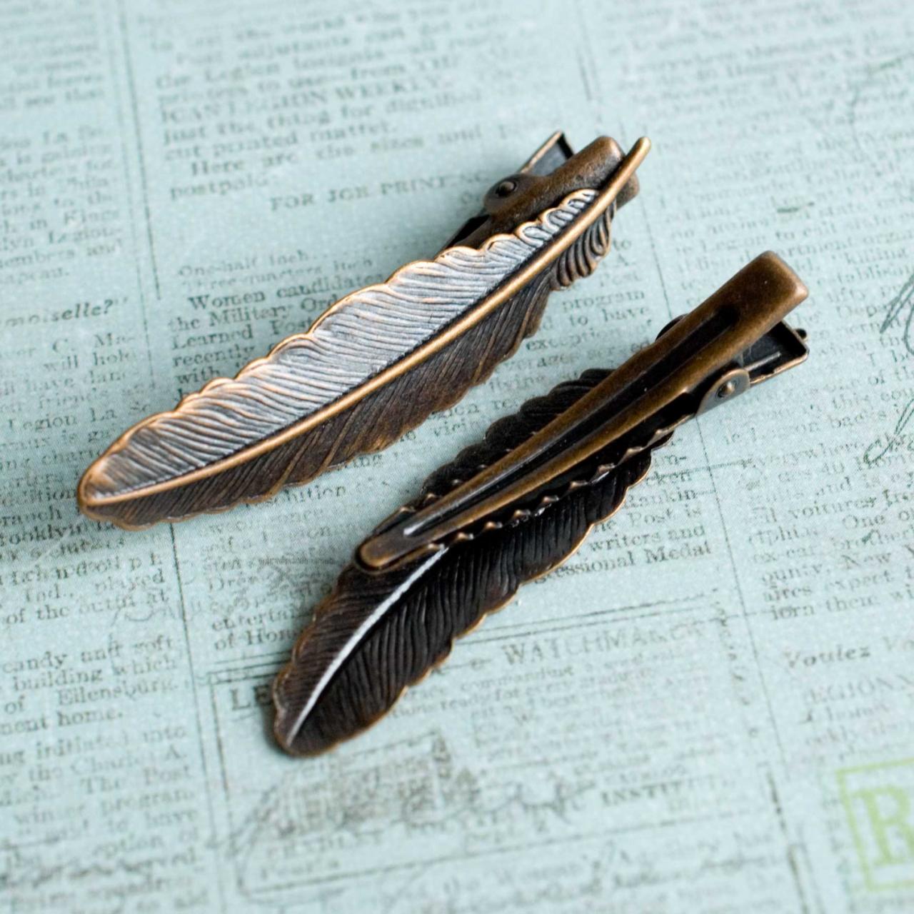 Antique Copper Feather Bobby Pin Set Feather Barrette Hair Pin ...