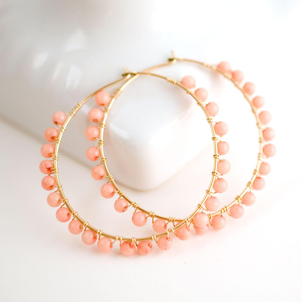 Coral Gold Hoop Earrings Coral Beaded Hoop Earrings Pink Beaded Hoops ...