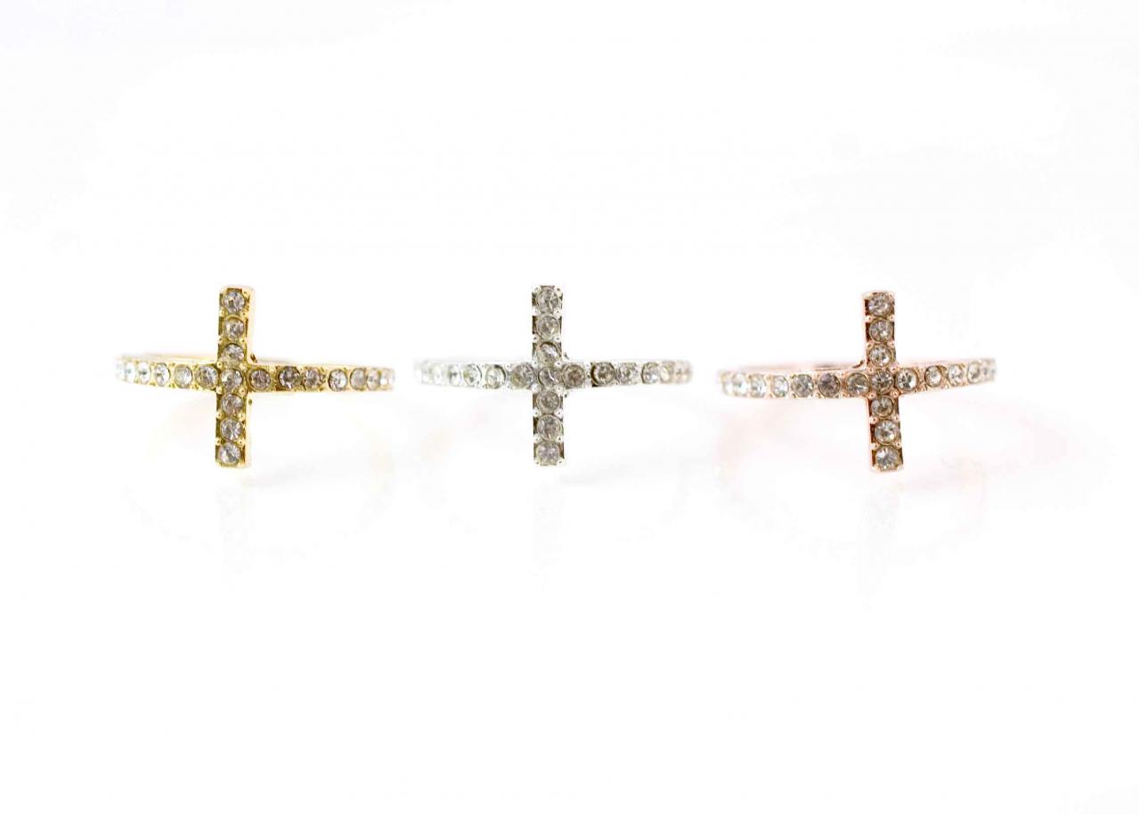 Sideways Cross Ring With Crystals Ships From North America on Luulla